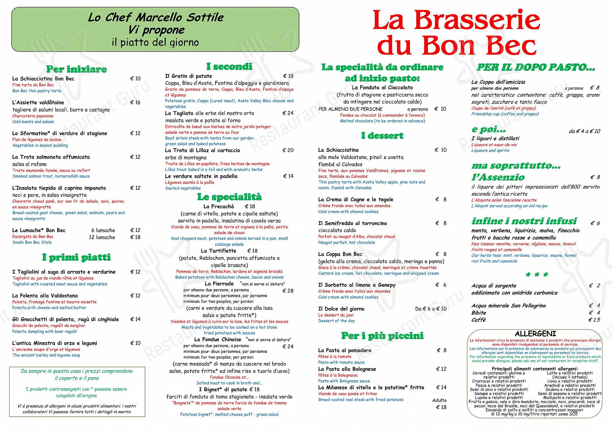 Carta del restaurante La Brasserie du Bon Bec, Cogne