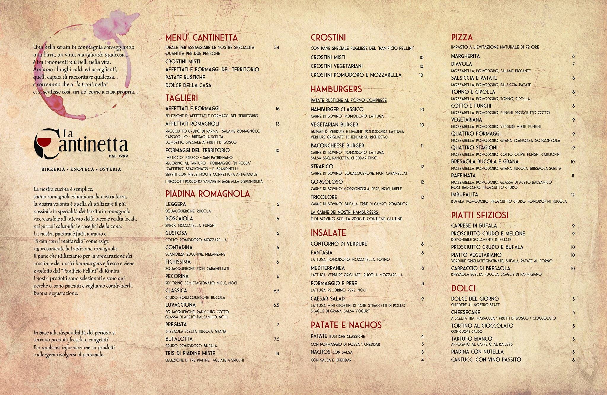 Menu da La Cantinetta ristorante, Rimini