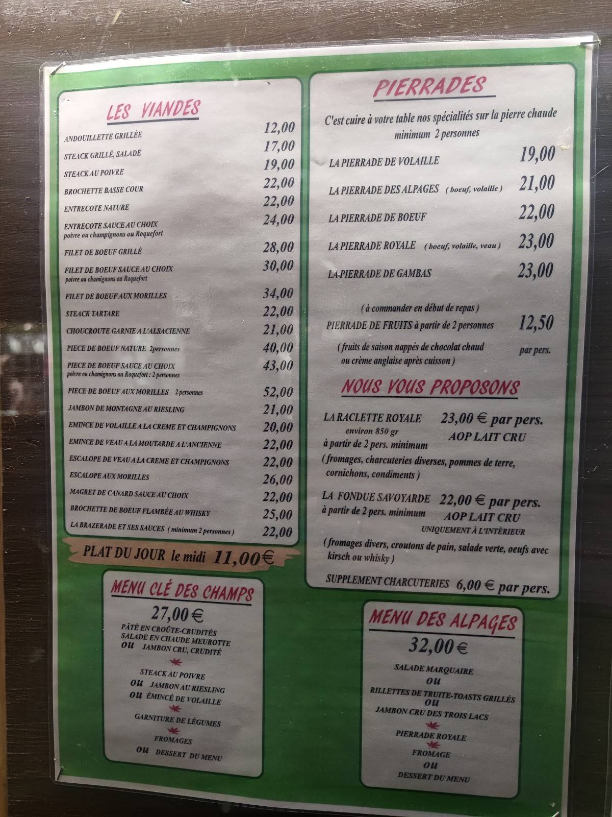 Menu au La Clé des Champs restaurant, Gérardmer