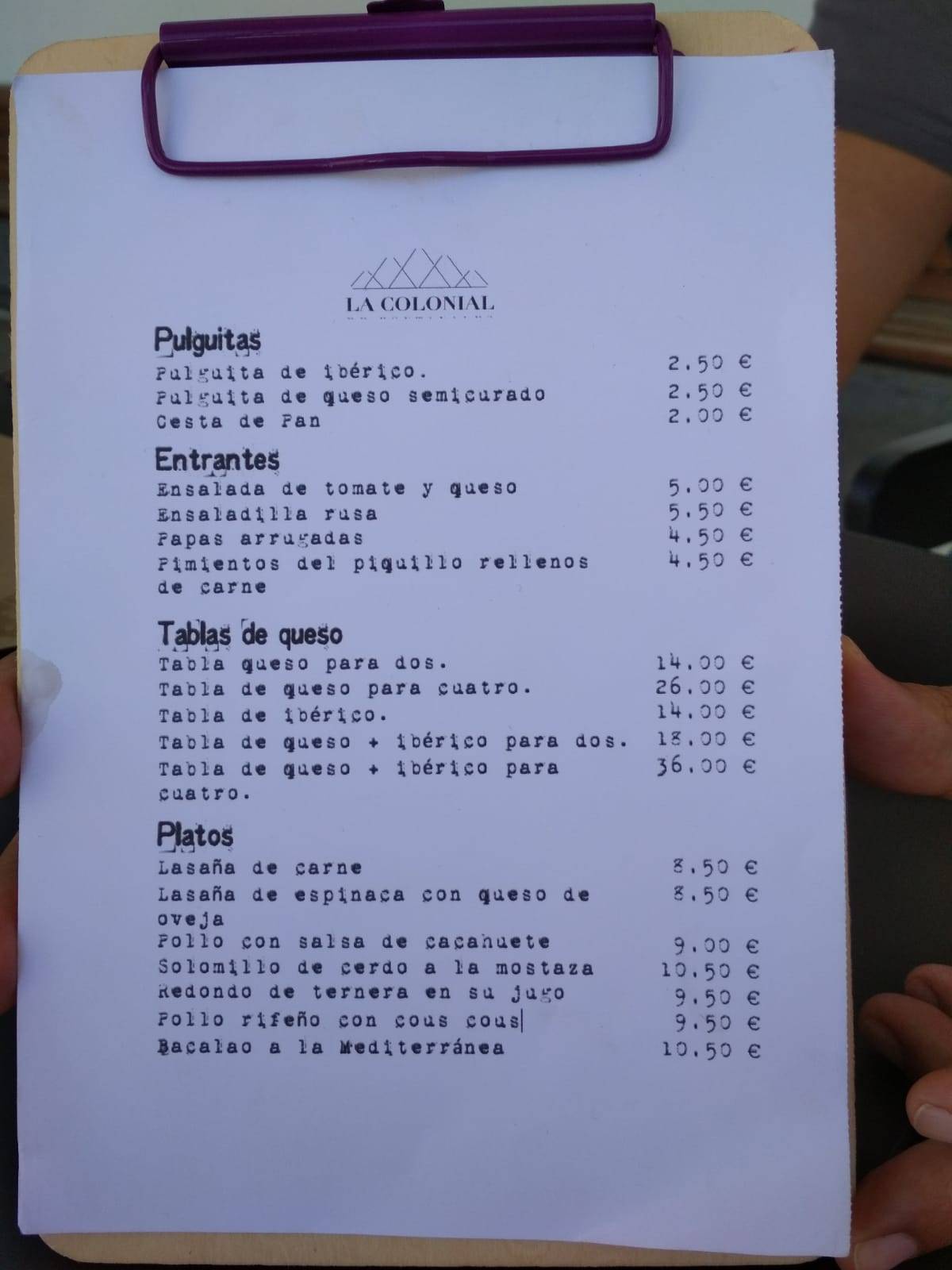 Carta del restaurante La Colonial del Fontanales, Fontanales