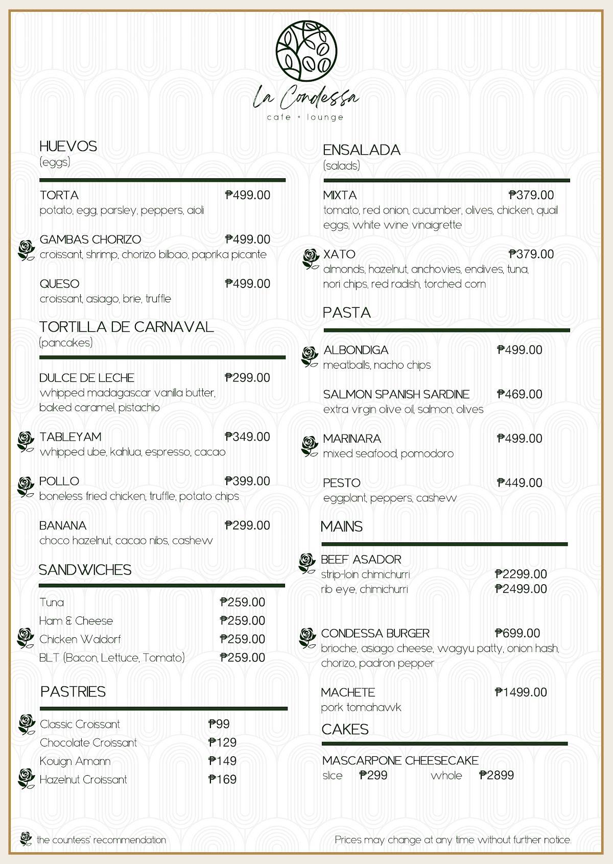 Menu at La Condessa Cafe and Lounge, Quezon City