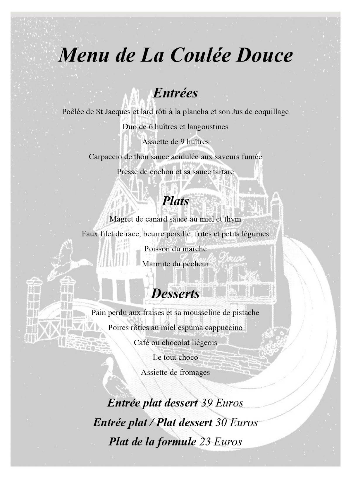 Menu au La Coulée Douce restaurant, Quimperlé