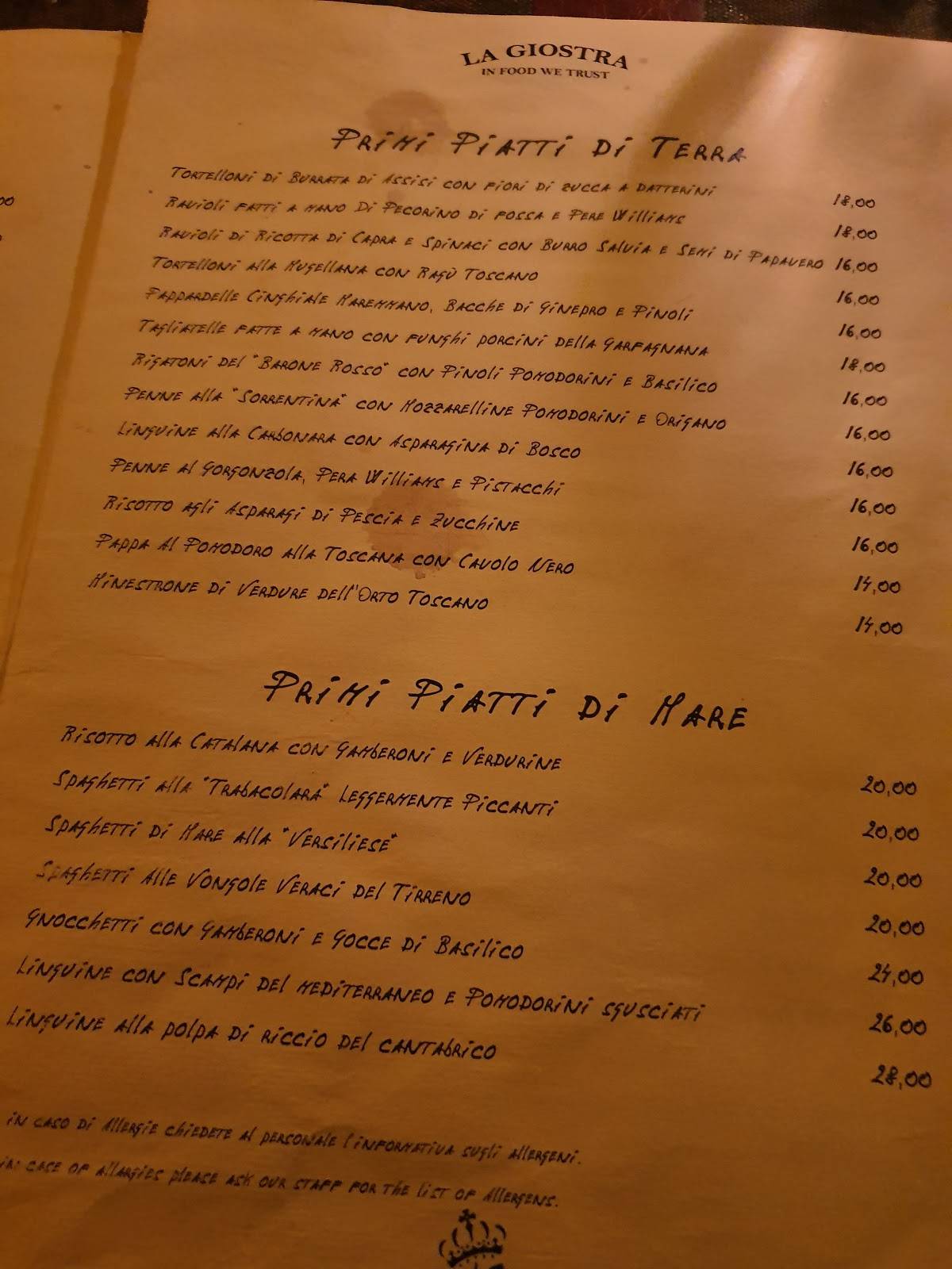 Menu at La Giostra restaurant, Florence, Borgo Pinti