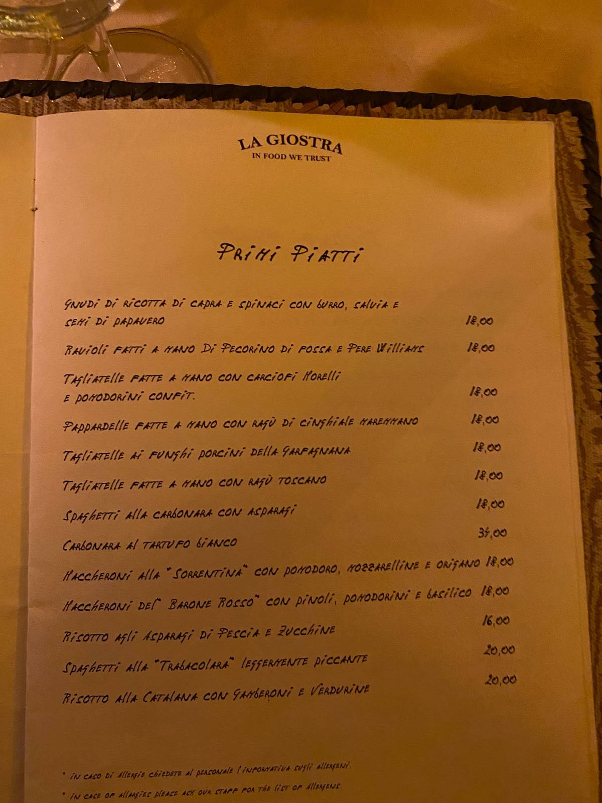 Menu at La Giostra restaurant, Florence, Borgo Pinti