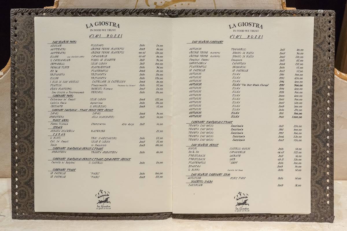 Menu at La Giostra restaurant, Florence, Borgo Pinti