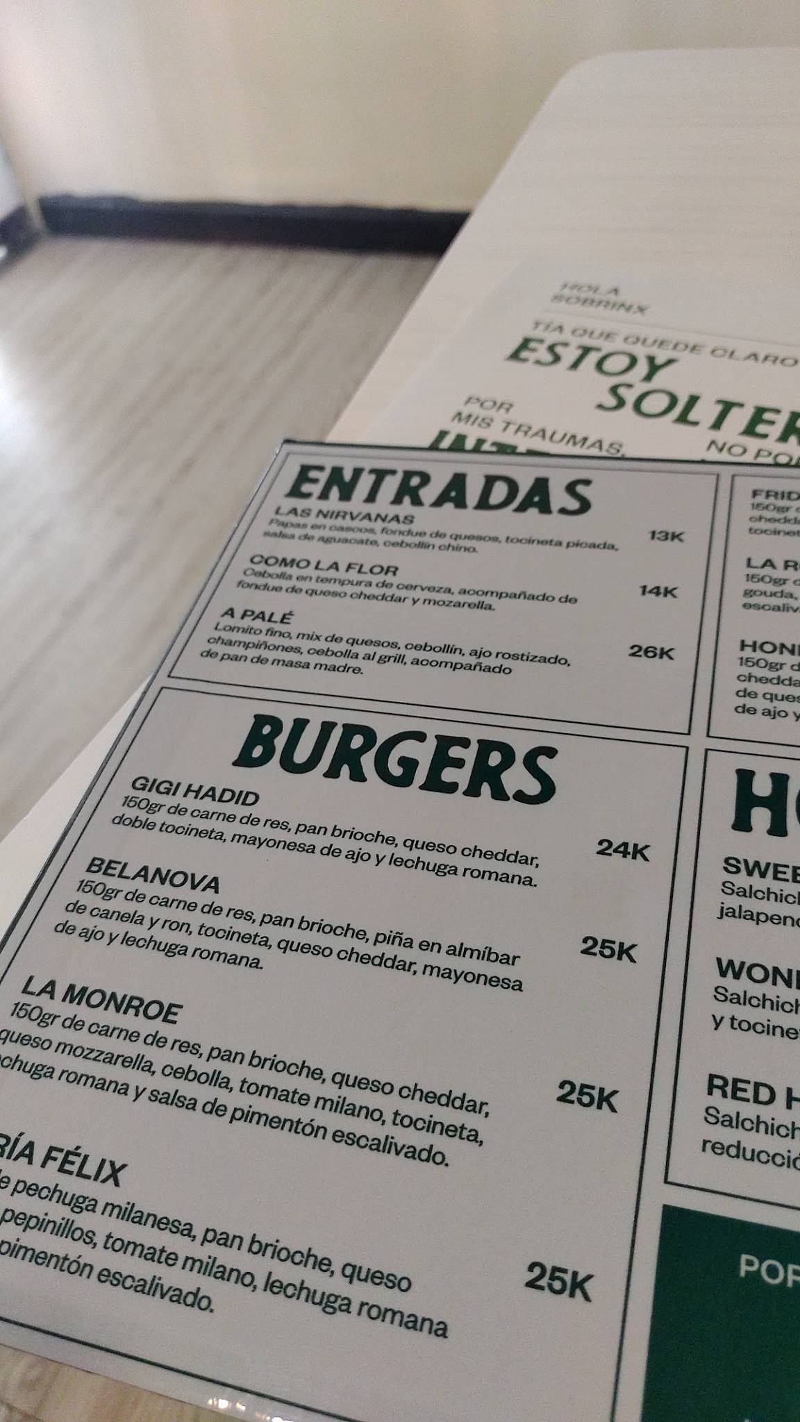 Carta del restaurante La Guapa, Barranquilla