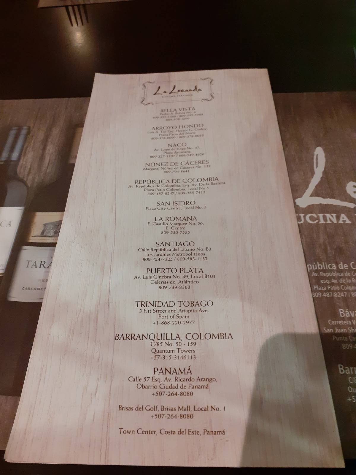Carta del restaurante La Locanda - Núñez del Cáceres, Santo Domingo