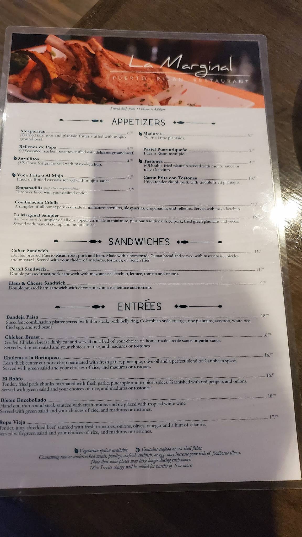Menu at La Marginal restaurant, San Antonio, Nacogdoches Rd