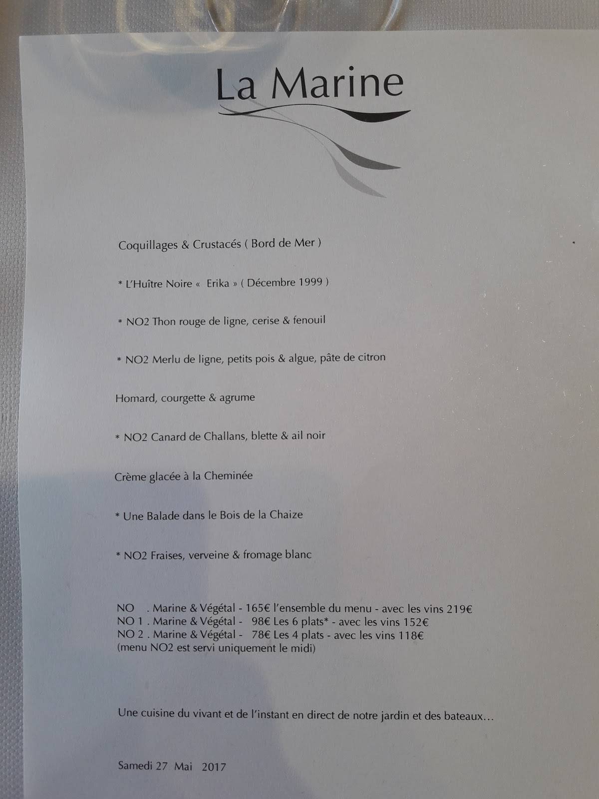Menu au La Marine restaurant, Noirmoutier-en-l'Île