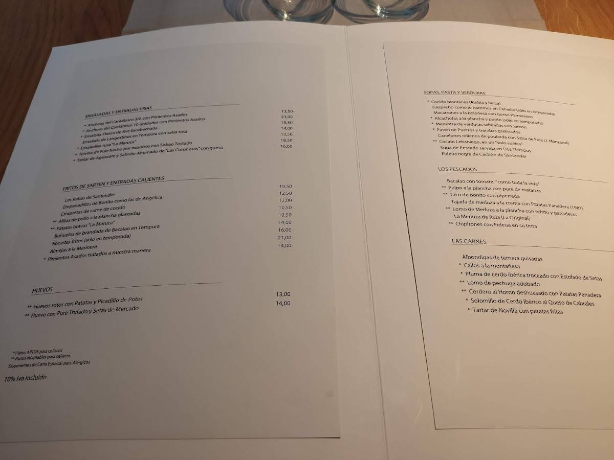 Carta del restaurante La Maruca, Madrid, P.º del la Castellana