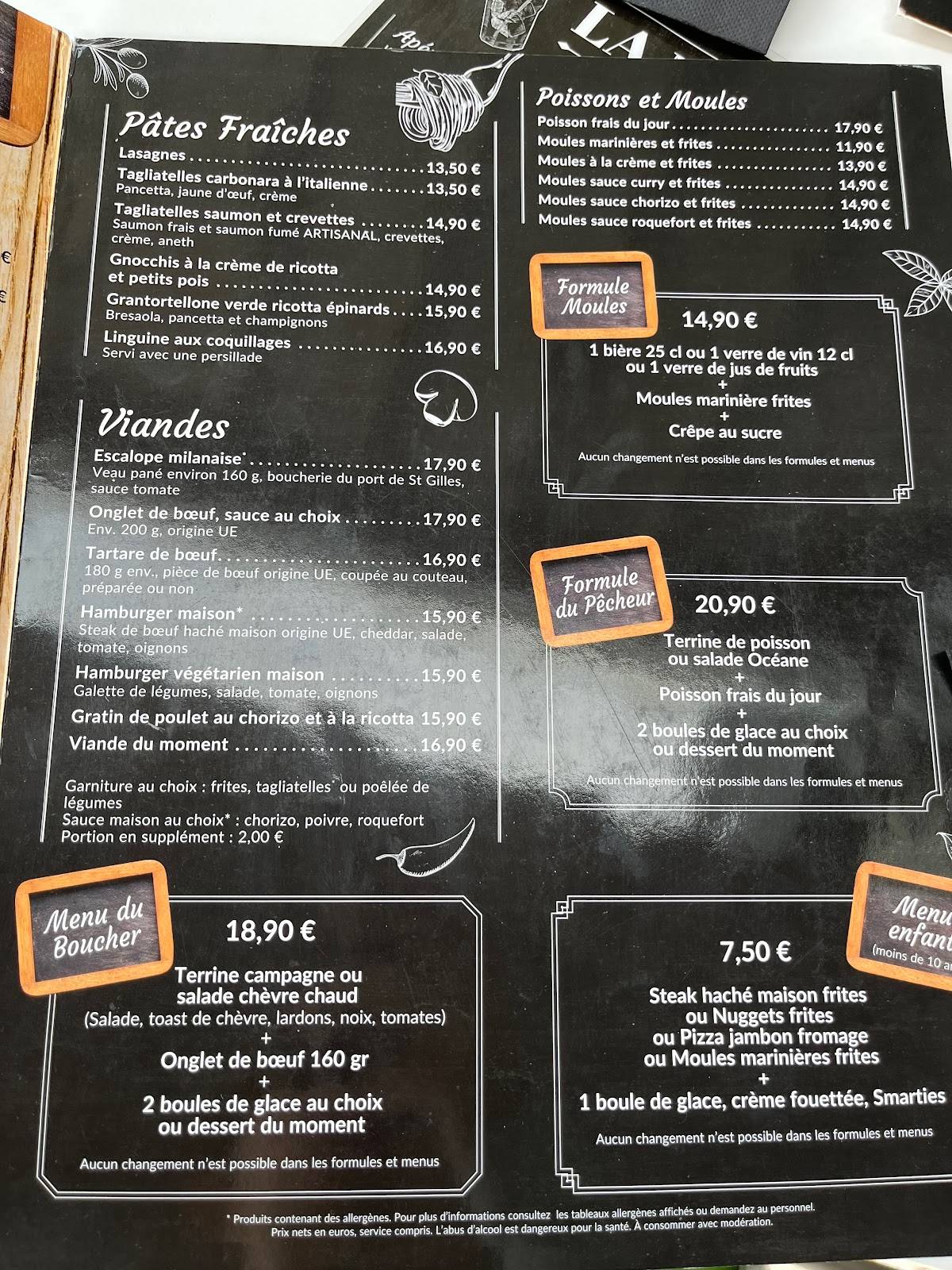 Menu au La Novità restaurant, Saint-Gilles-Croix-de-Vie