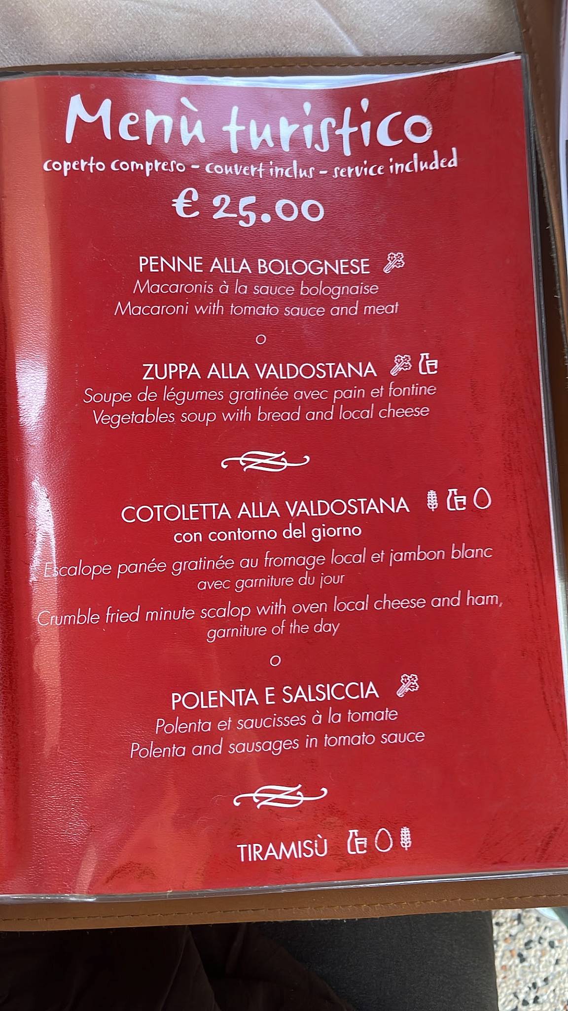 Menu da La Padella ristorante, Courmayeur
