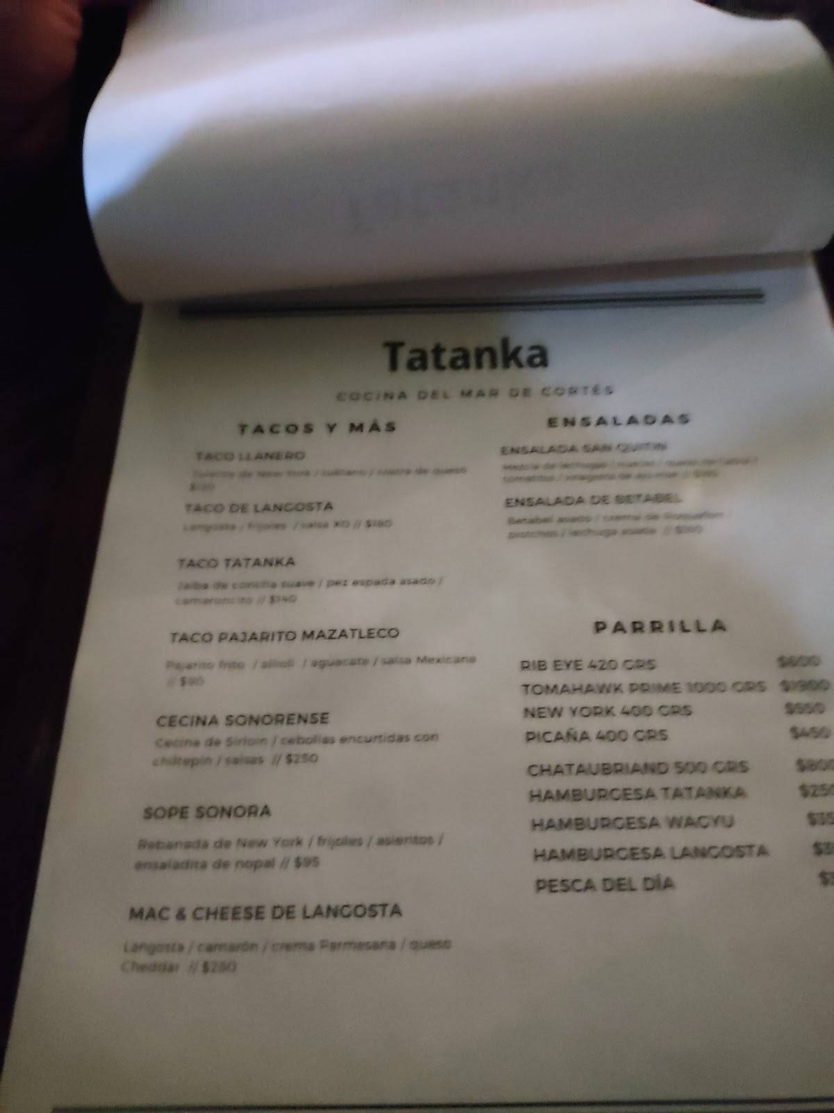 Menu at Tatanka Baja Fish and Steakhouse, La Paz