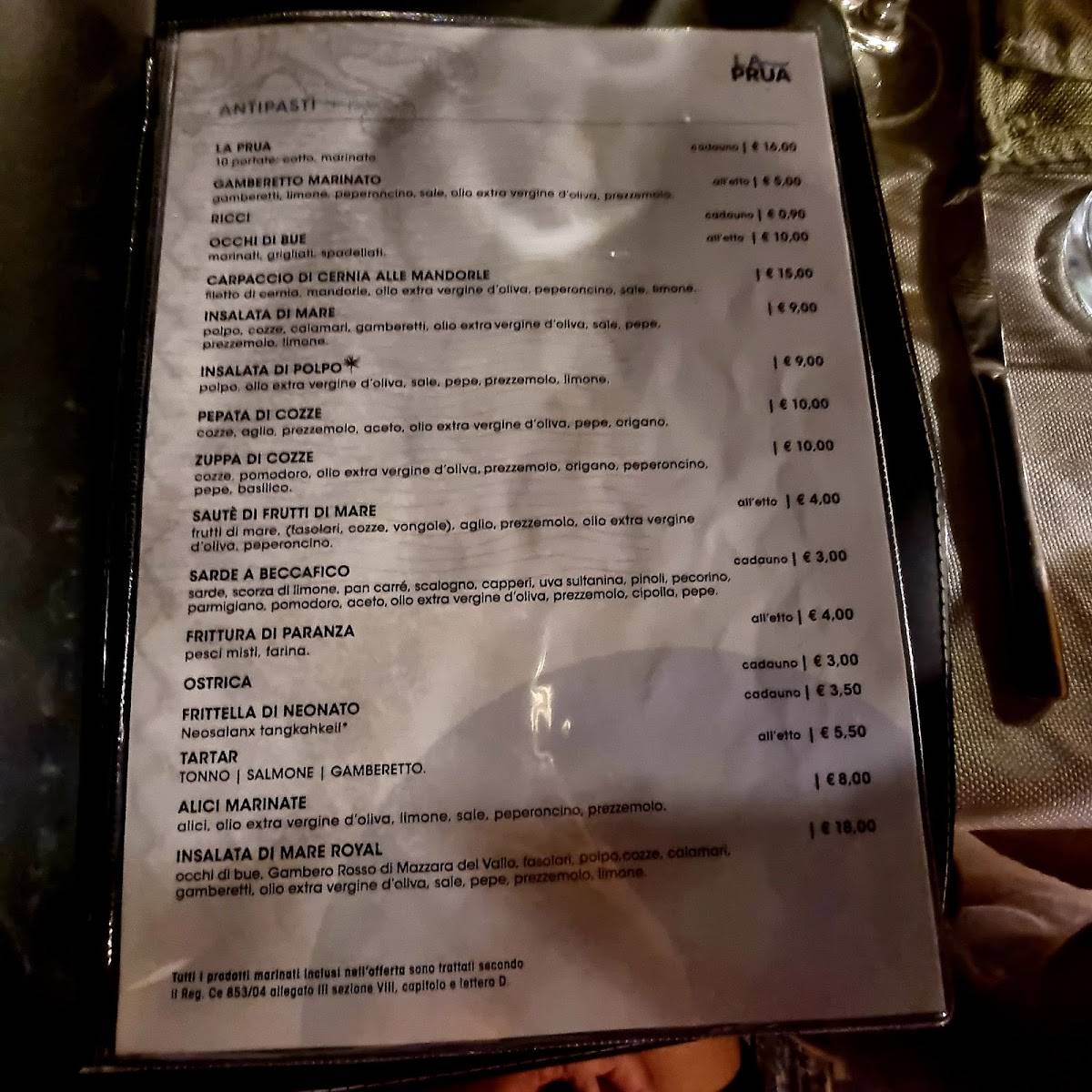 Menu da Ristorante La Prua, Capo Mulini, Lungomare Mario Martinez