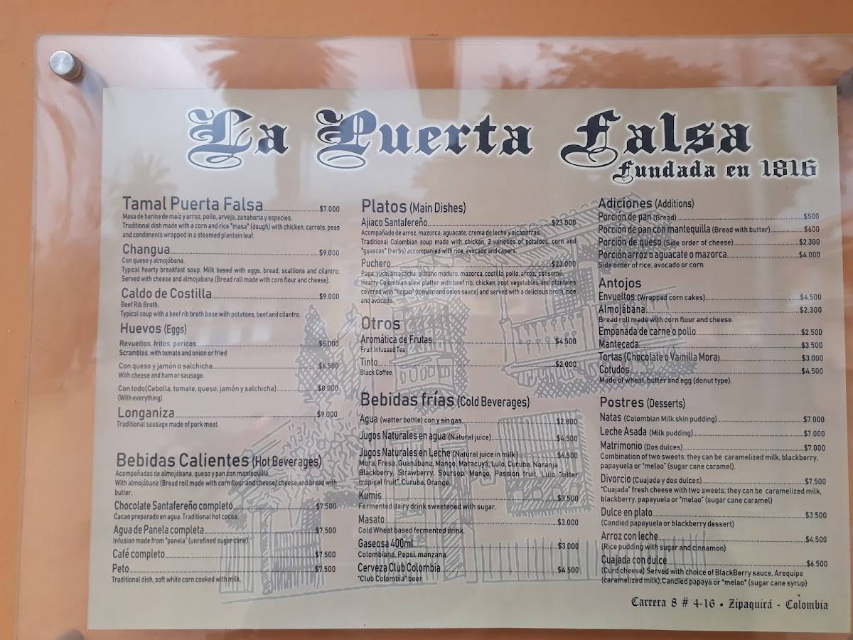 Carta del restaurante La Puerta Falsa Zipaquirá, Zipaquirá
