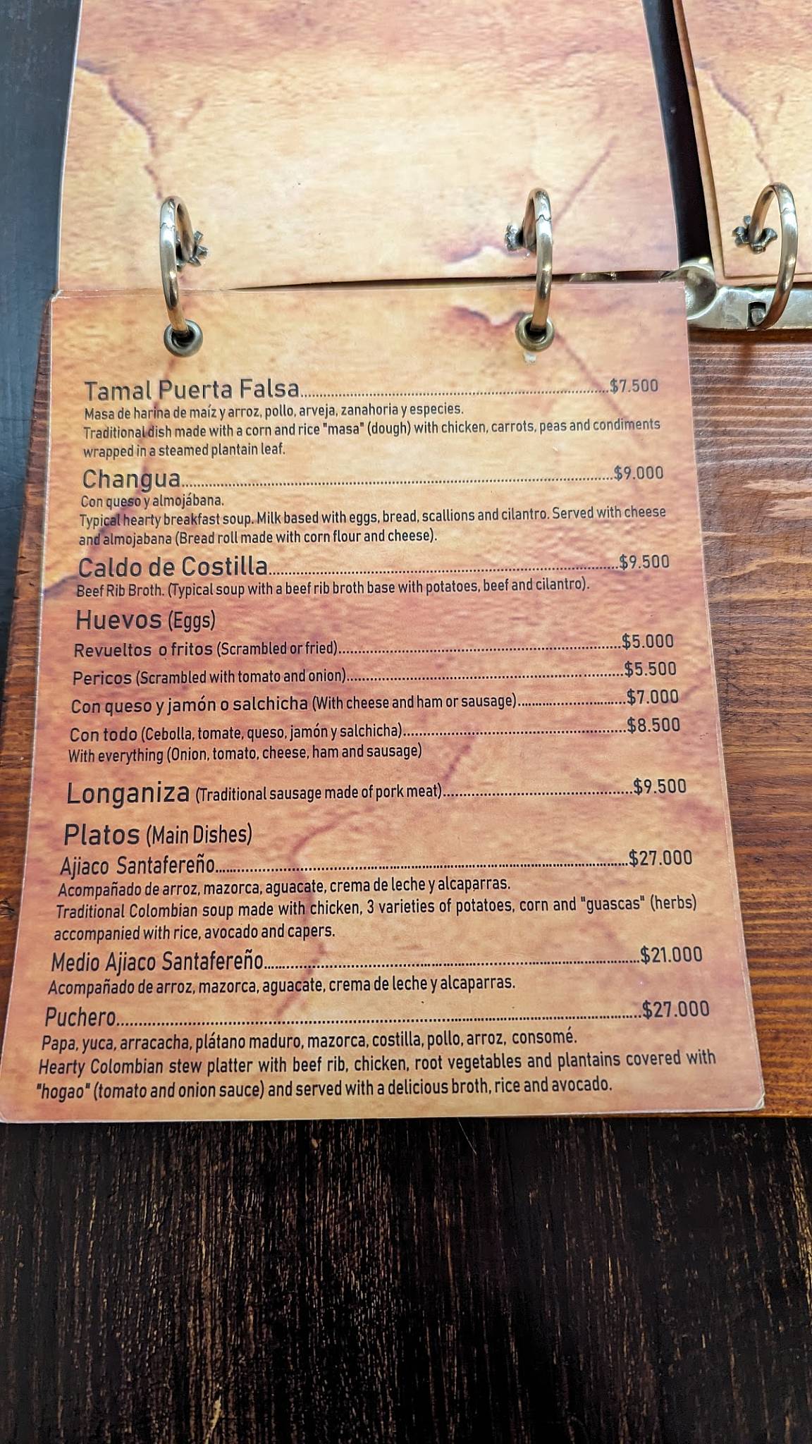 Carta del restaurante La Puerta Falsa Zipaquirá, Zipaquirá