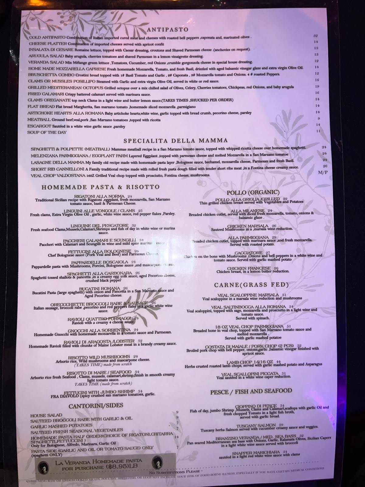 Menu at La Veranda restaurant, Pompano Beach