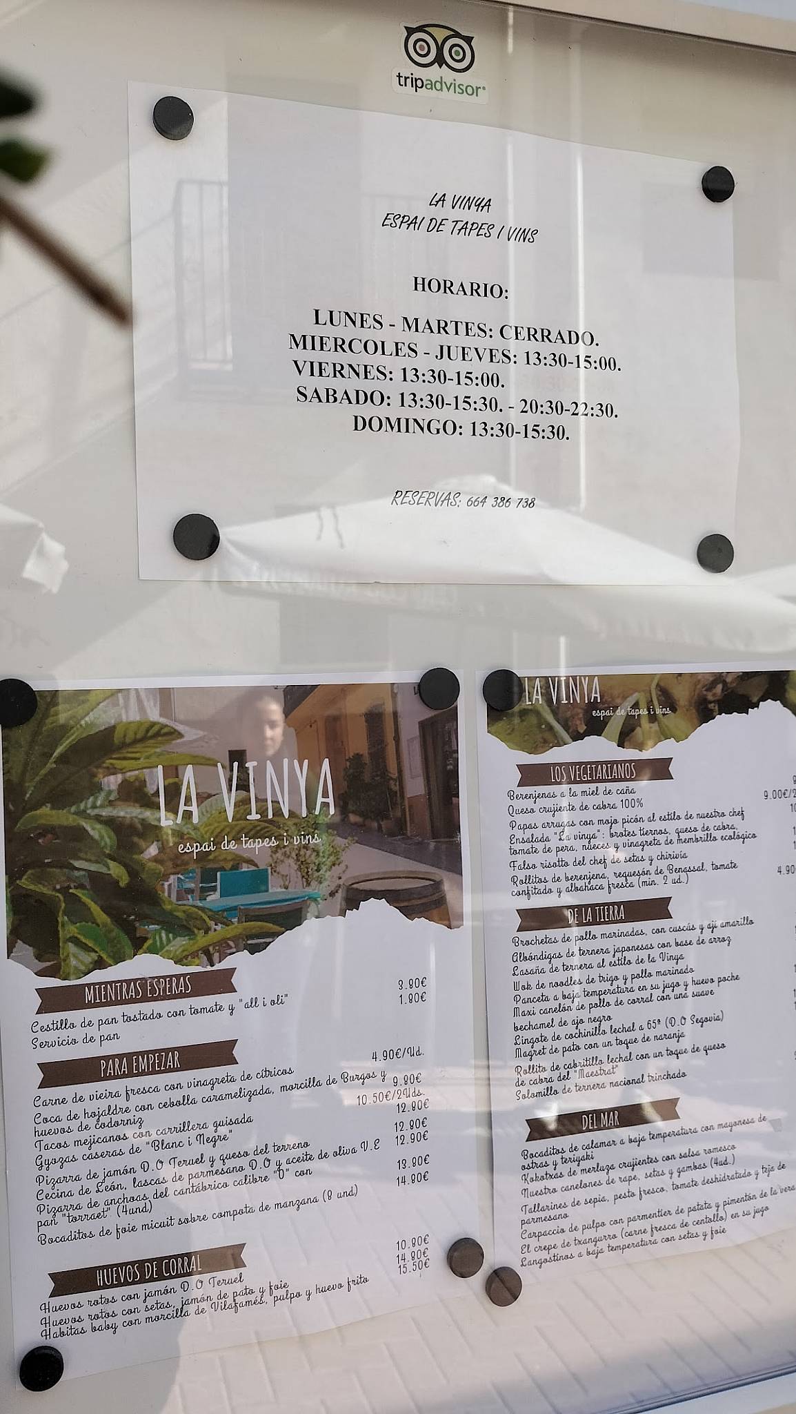 Carta del restaurante La Vinya, Villafamés