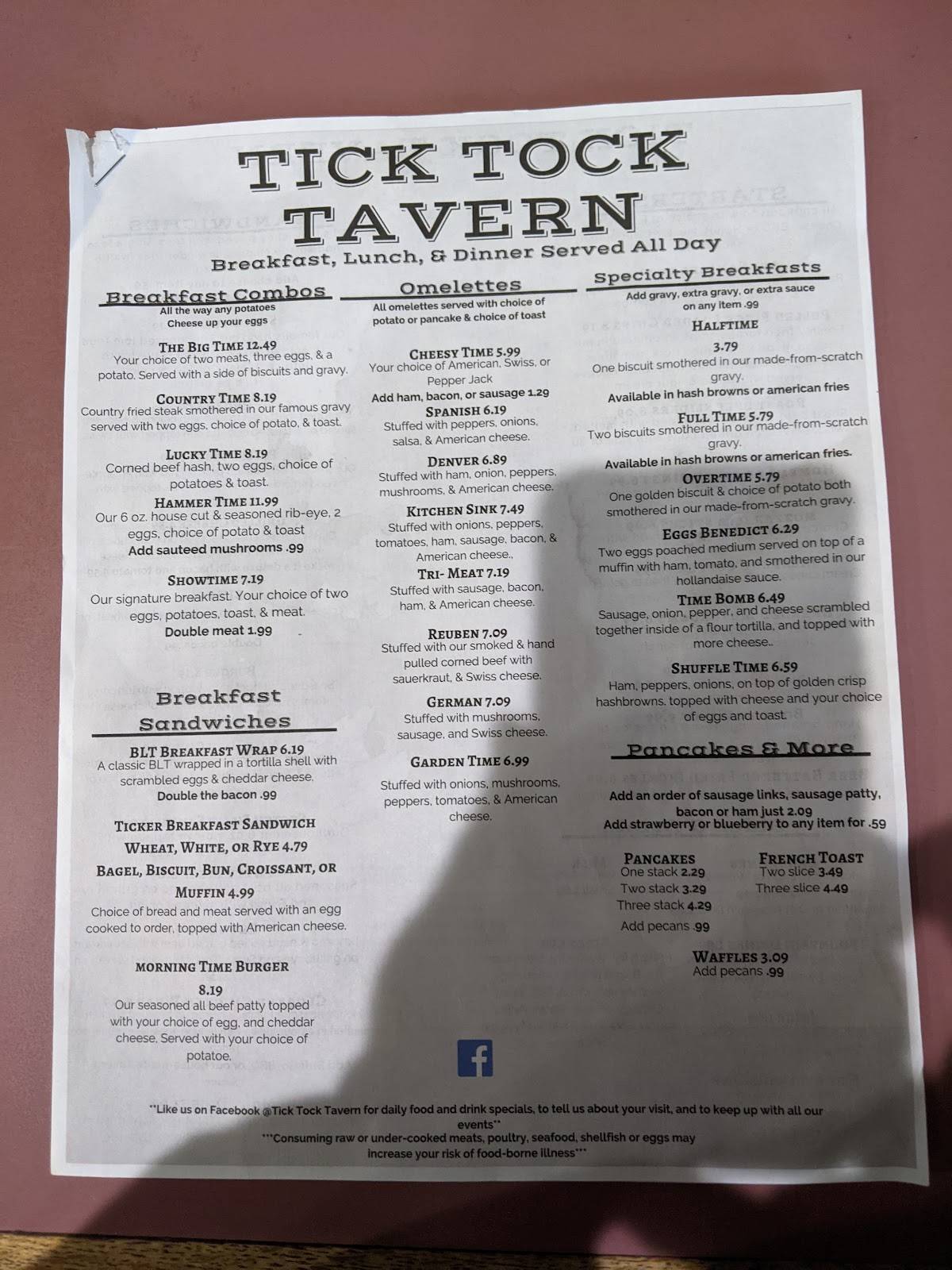 Menu at The Tick Tock Tavern & Eatery pub & bar, Lafayette