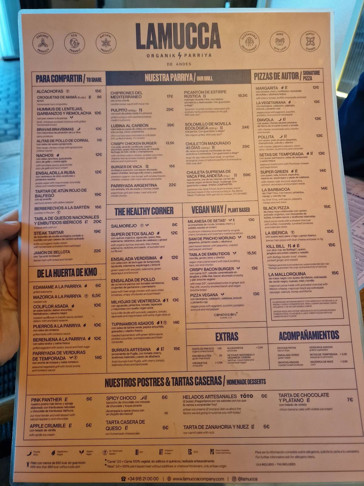 Carta del restaurante Lamucca, Madrid, Av. del los Andes