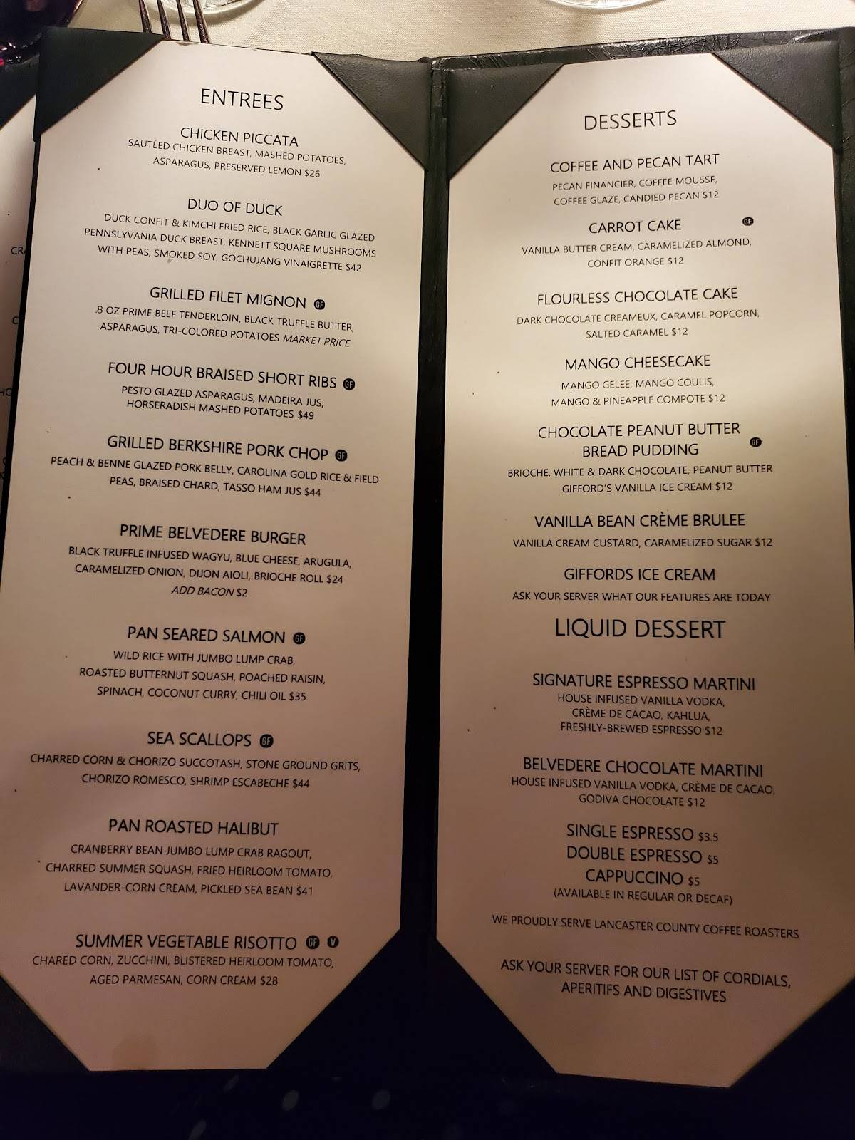 Menu at The Belvedere Inn restaurant, Lancaster