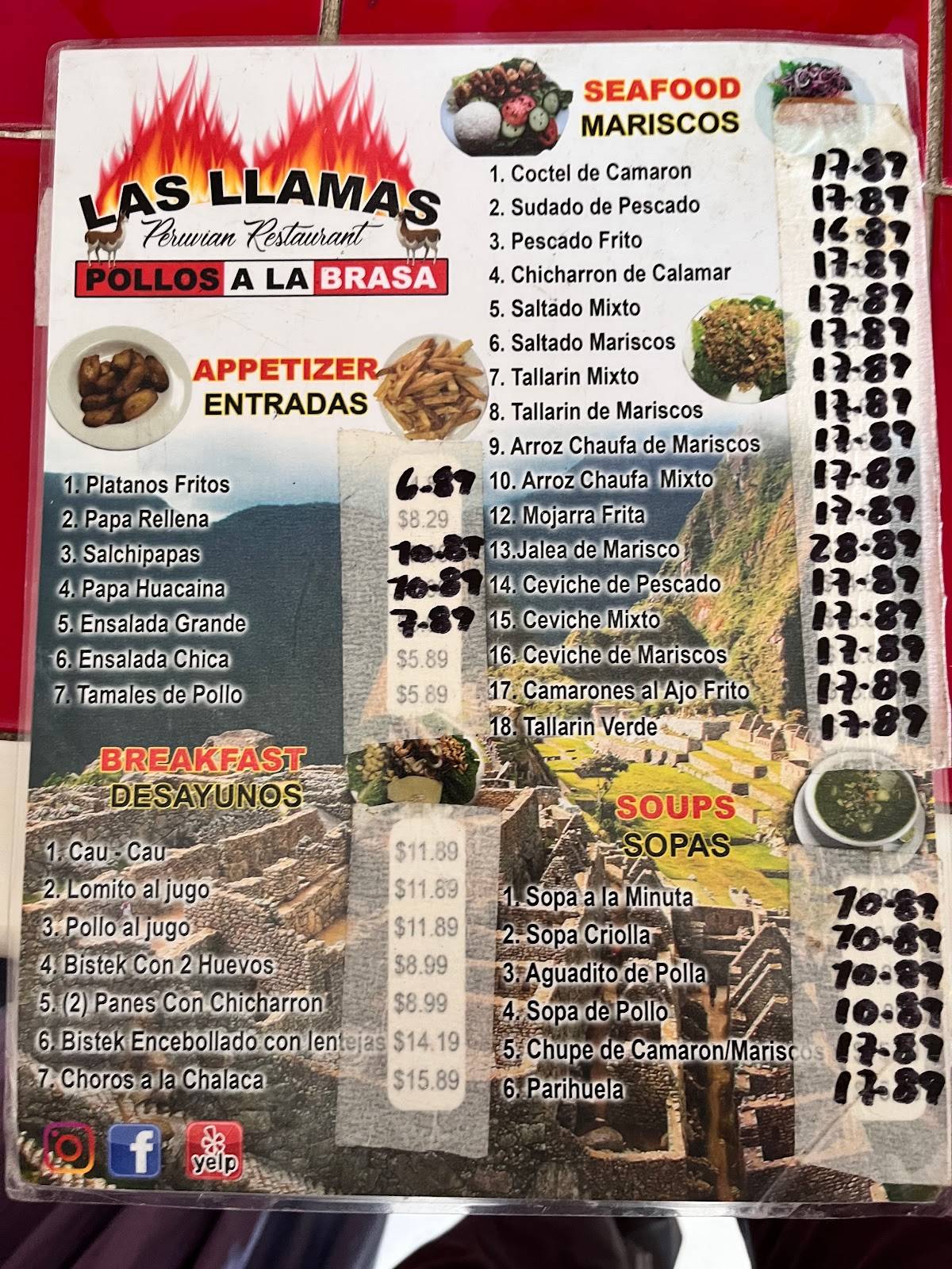 Menu at Las Llamas restaurant, San Fernando