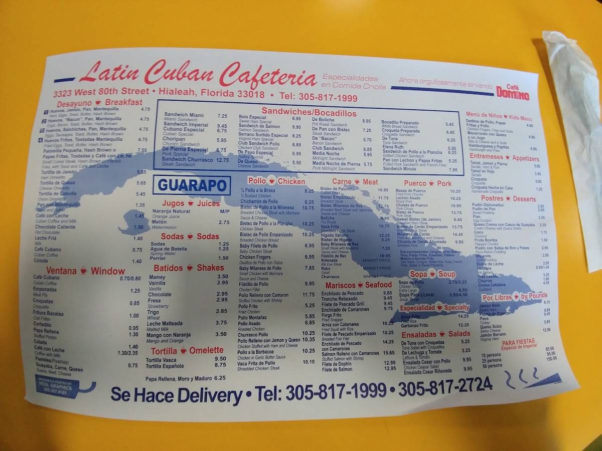 Menu at Latin Cuban Cafeteria, Hialeah
