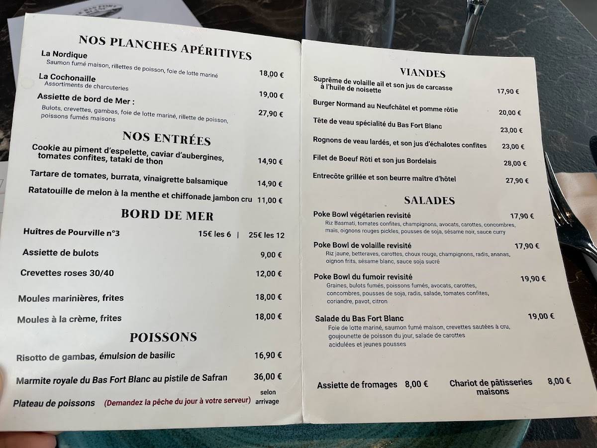 Menu au Le Bas Fort Blanc restaurant, Dieppe