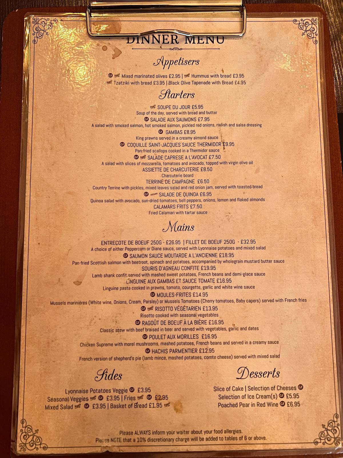 Menu at Le Bistrot restaurant, Edinburgh