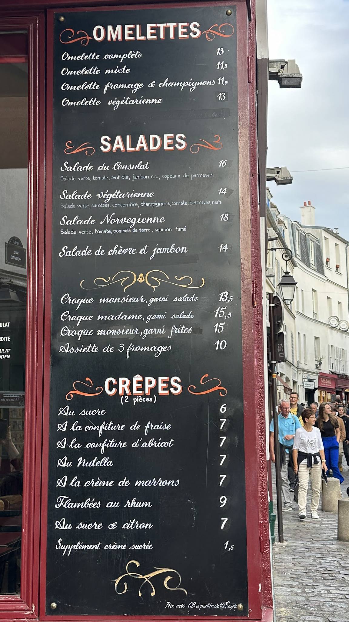 Menu at Le Consulat restaurant, Paris, 18 Rue Norvins
