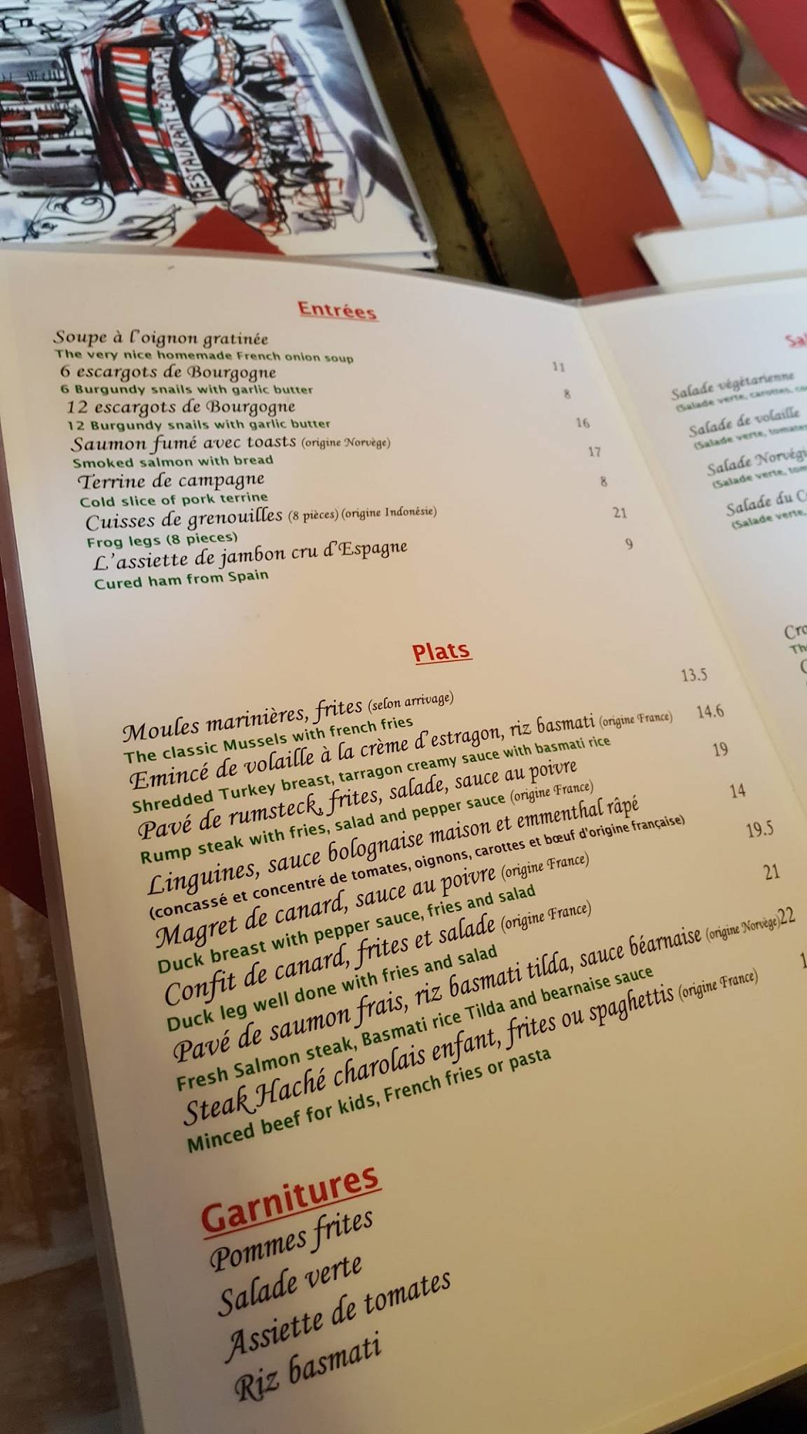 Menu at Le Consulat restaurant, Paris, 18 Rue Norvins