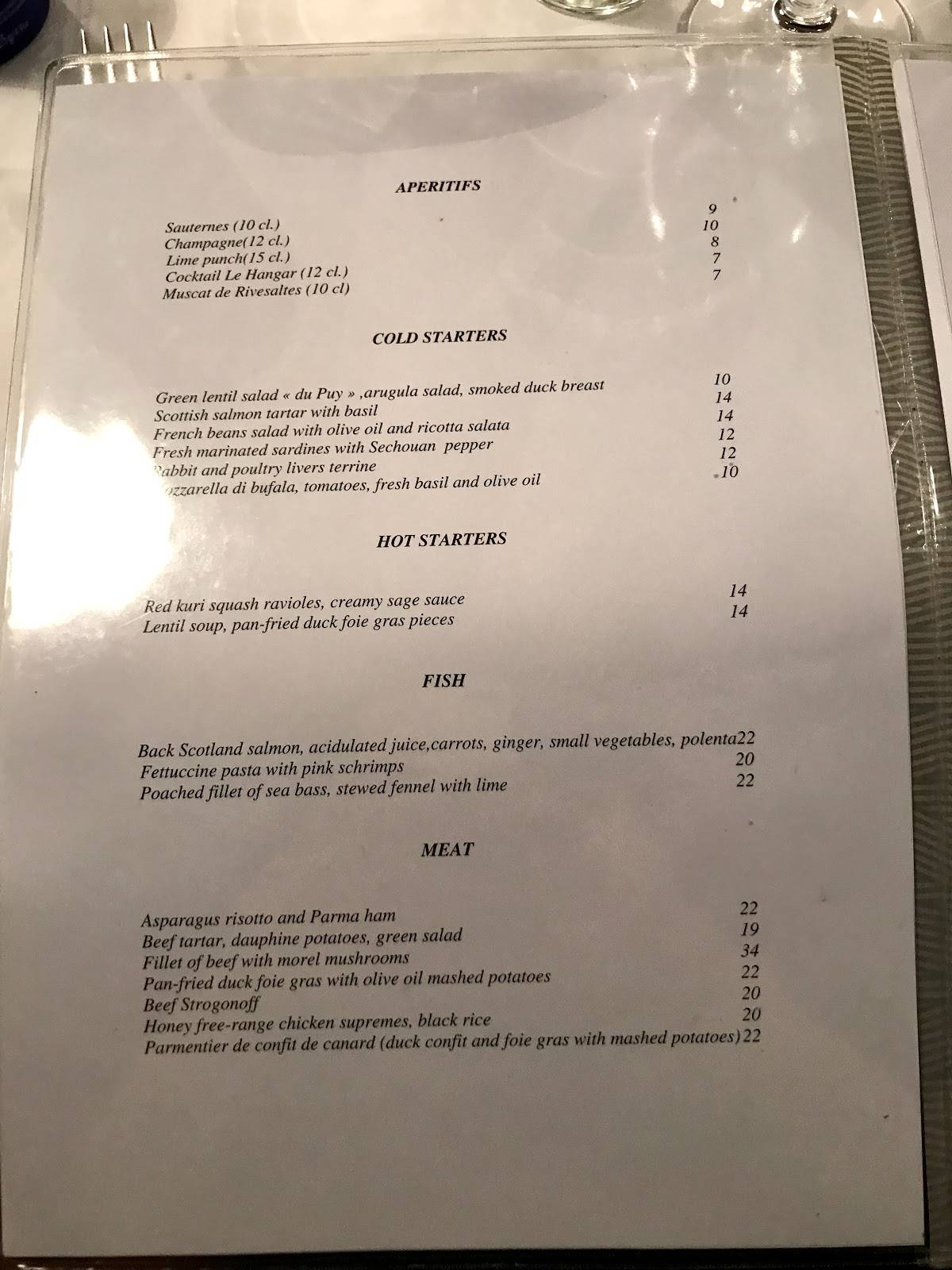 Menu at Le Hangar restaurant, Paris, 12 Imp. Berthaud