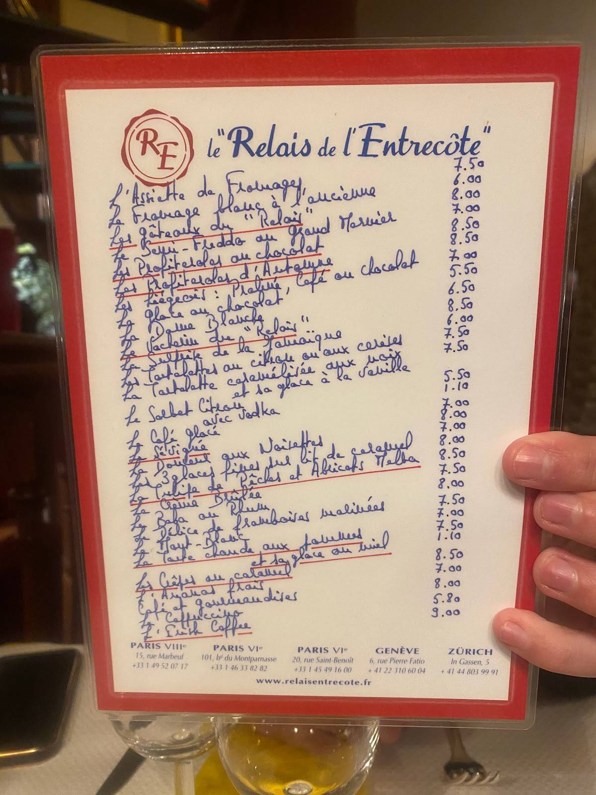 Menu au Le Relais de l'Entrecôte restaurant à viande, Paris, 20 Rue ...