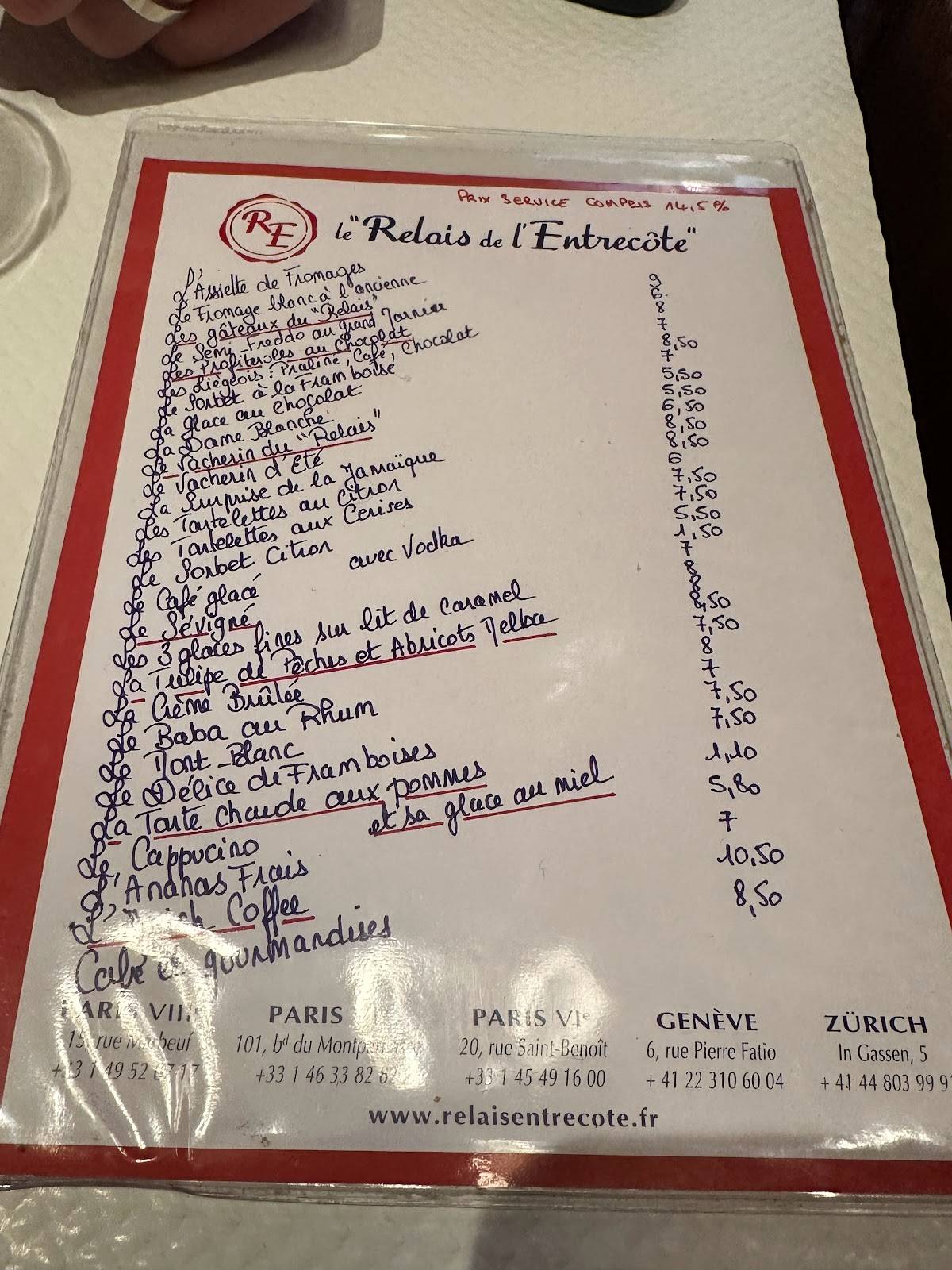 Menu au Le Relais de l'Entrecôte restaurant à viande, Paris, 20 Rue ...