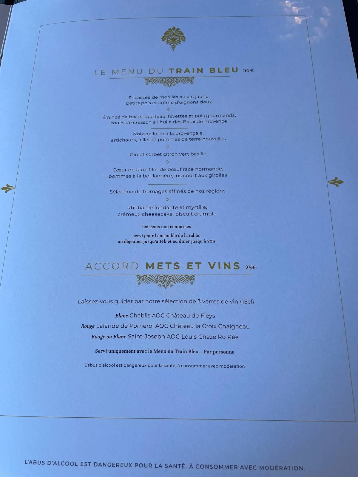 Menu at Le Train Bleu restaurant, Paris, Gare de Lyon