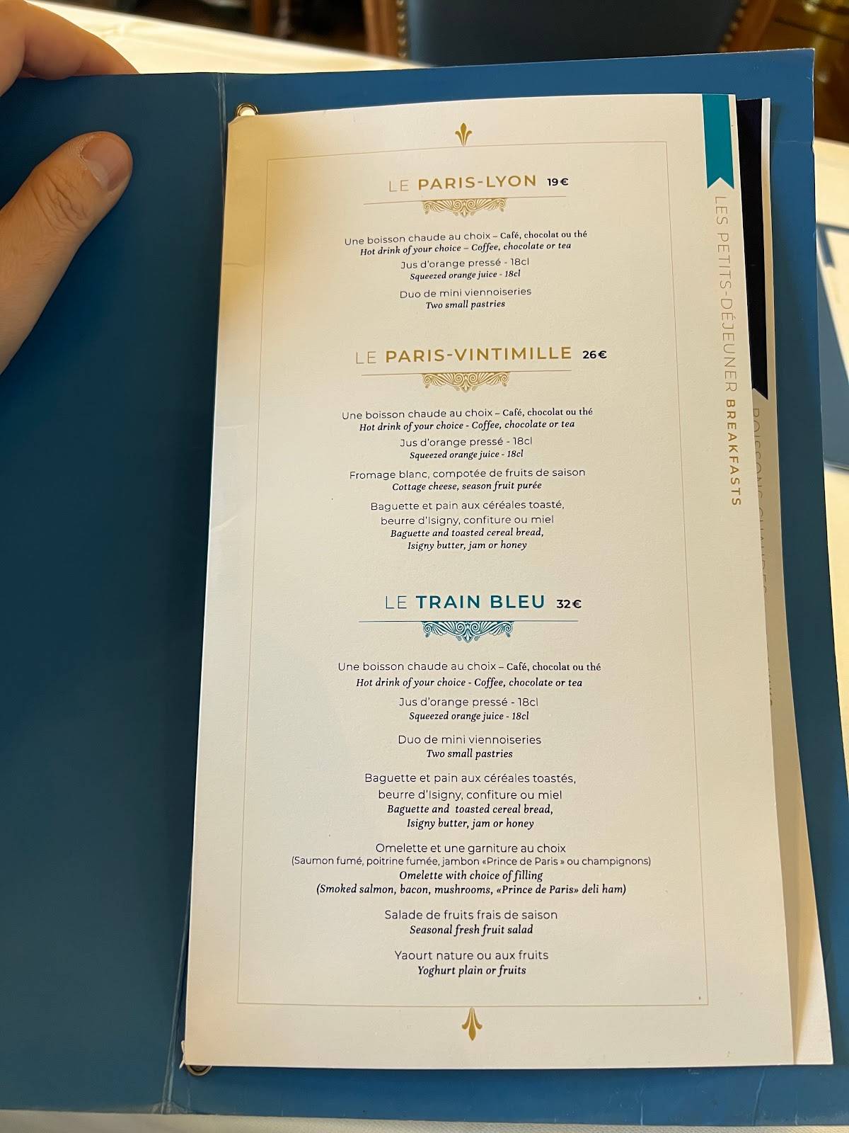 Menu at Le Train Bleu restaurant, Paris, Gare de Lyon
