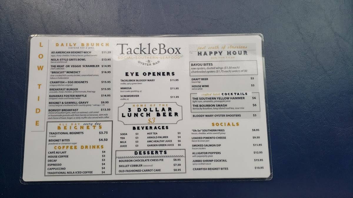 Menu at Legacy Kitchen's Tacklebox restaurant, New Orleans