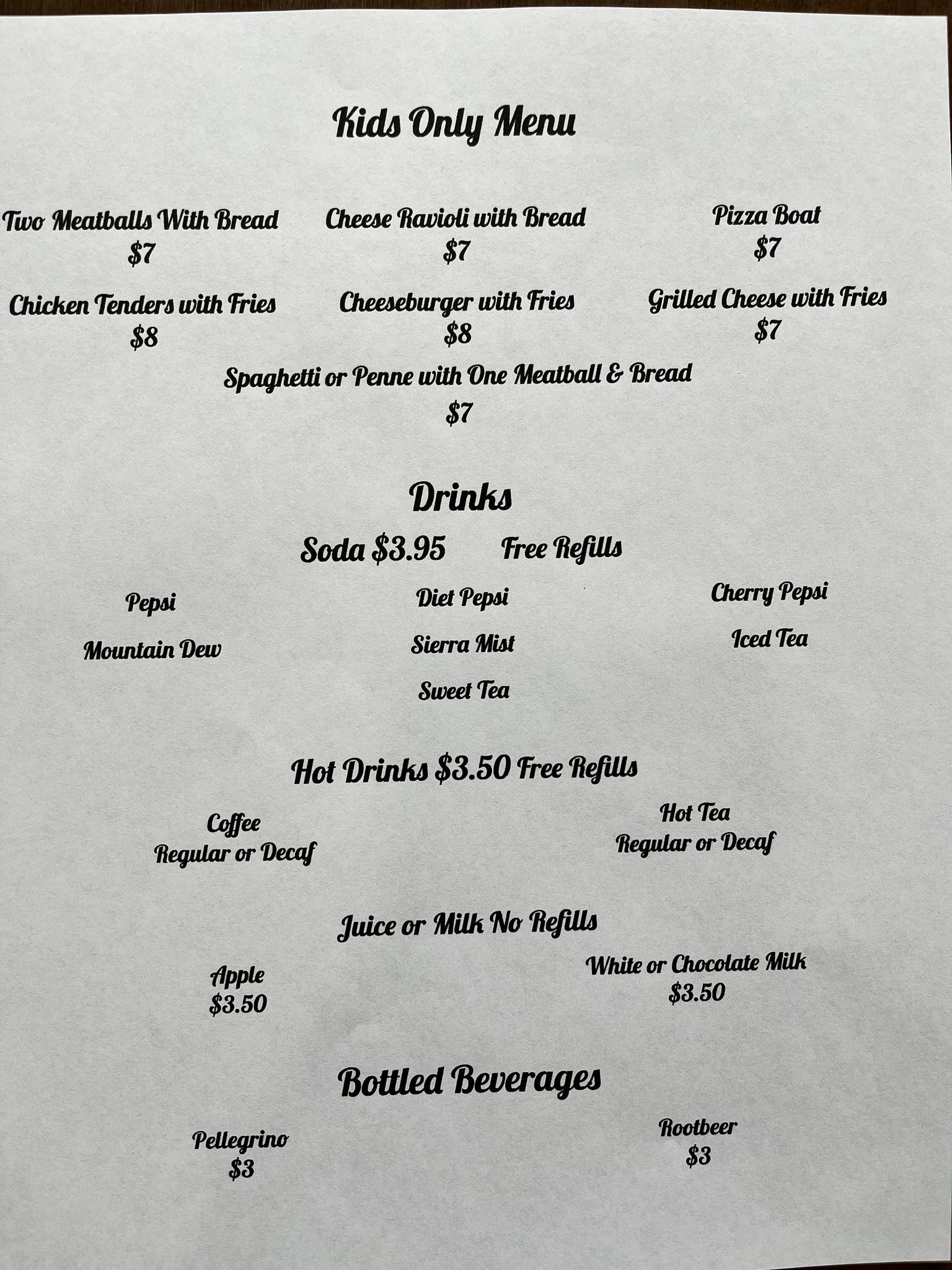 Menu at Lenzi's Restaurant, Monongahela
