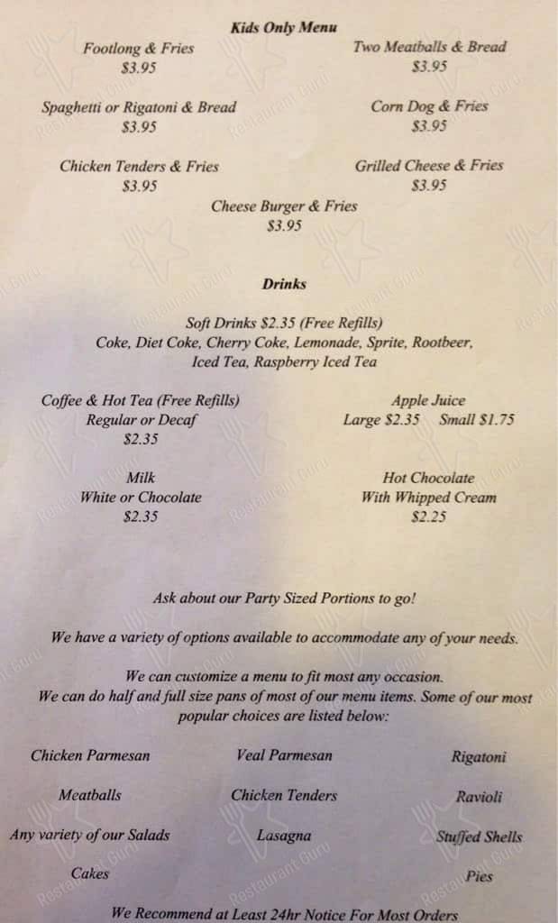 Menu at Lenzi's Restaurant, Monongahela
