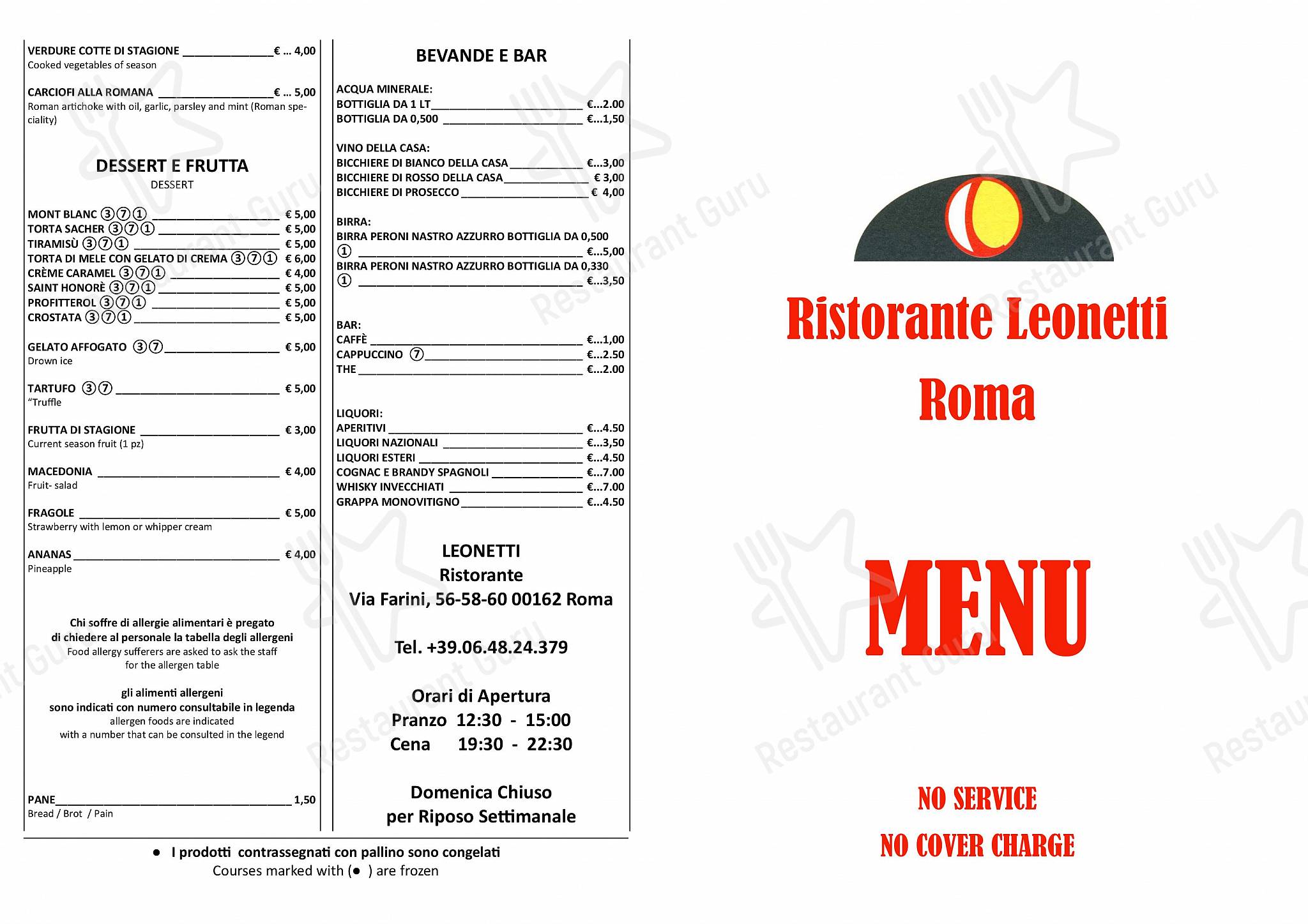 Menu at Leonetti restaurant, Rome, Via Farini