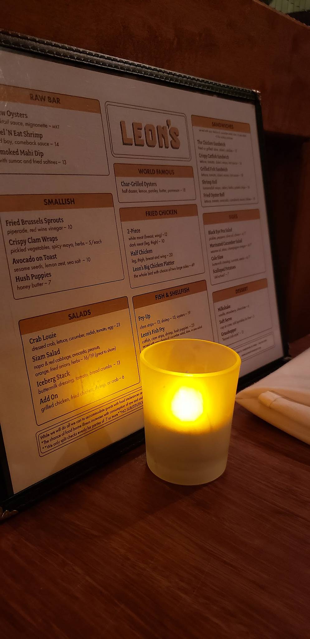 Menu at Leon's restaurant, Charleston