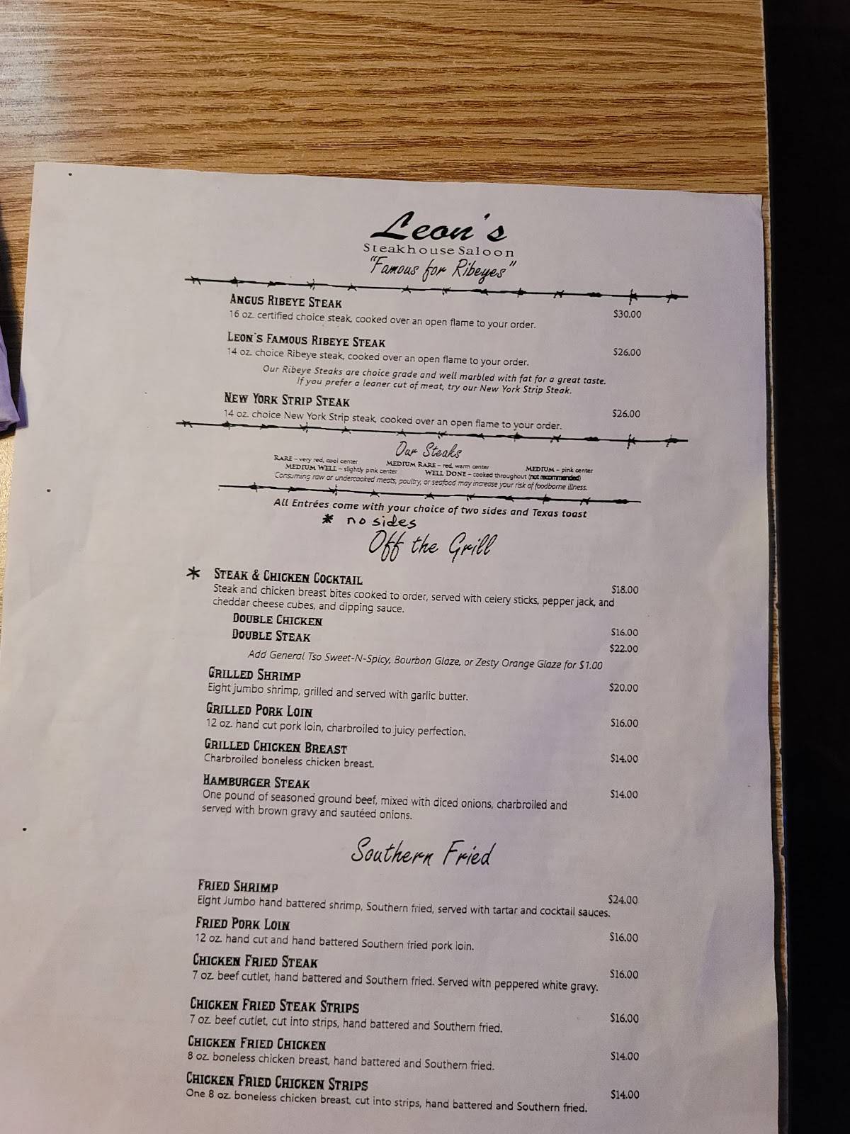 Menu at Leon's Steakhouse Saloon, Longview