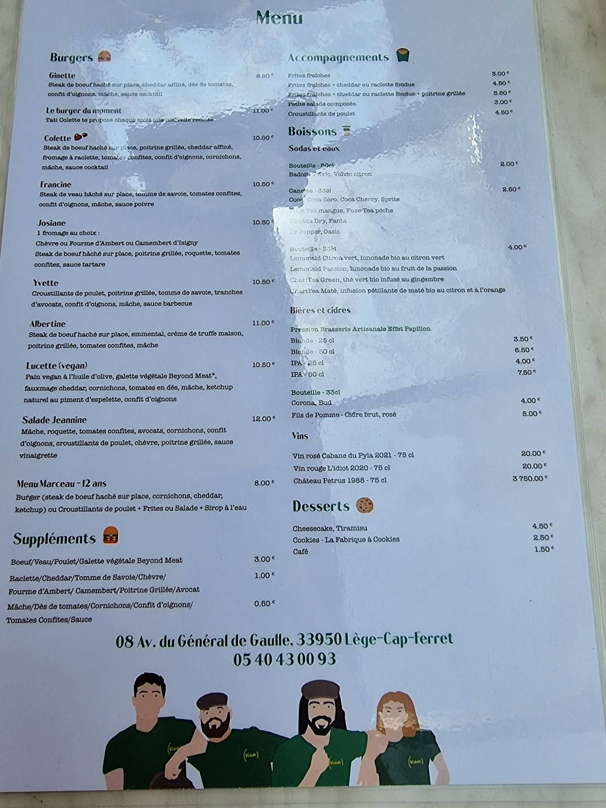 Menu at Les Burgers de Colette - Cap Ferret restaurant, Lège-Cap-Ferret
