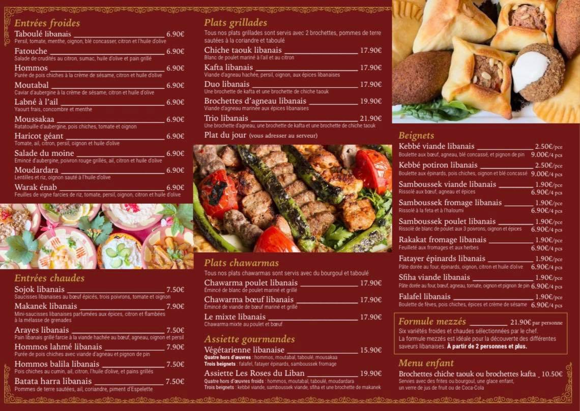 Carta del restaurante Les Roses du Liban, Conflans-Sainte-Honorine
