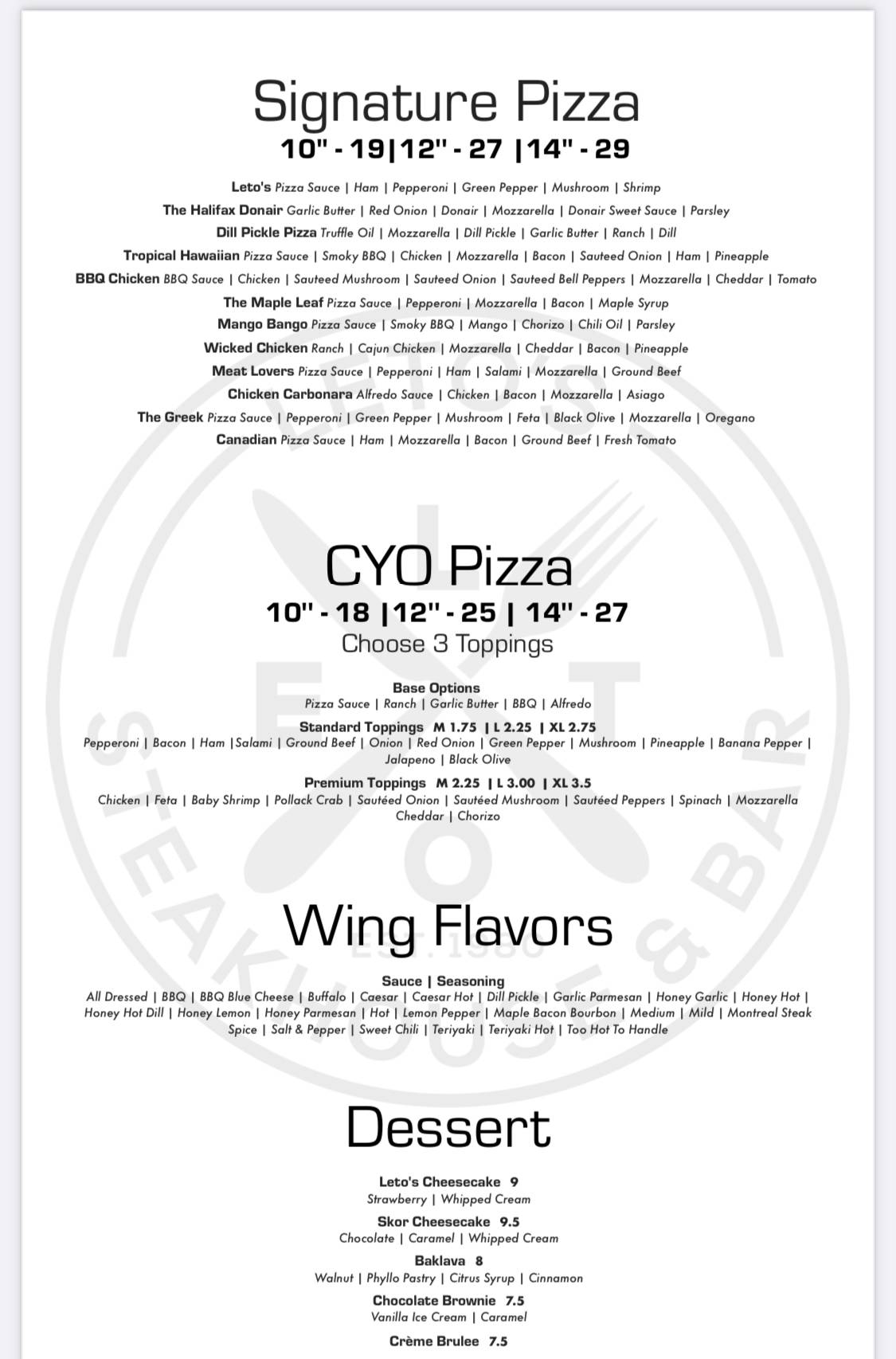 Menu at Leto's Steakhouse & Bar, Lacombe, AB-2A
