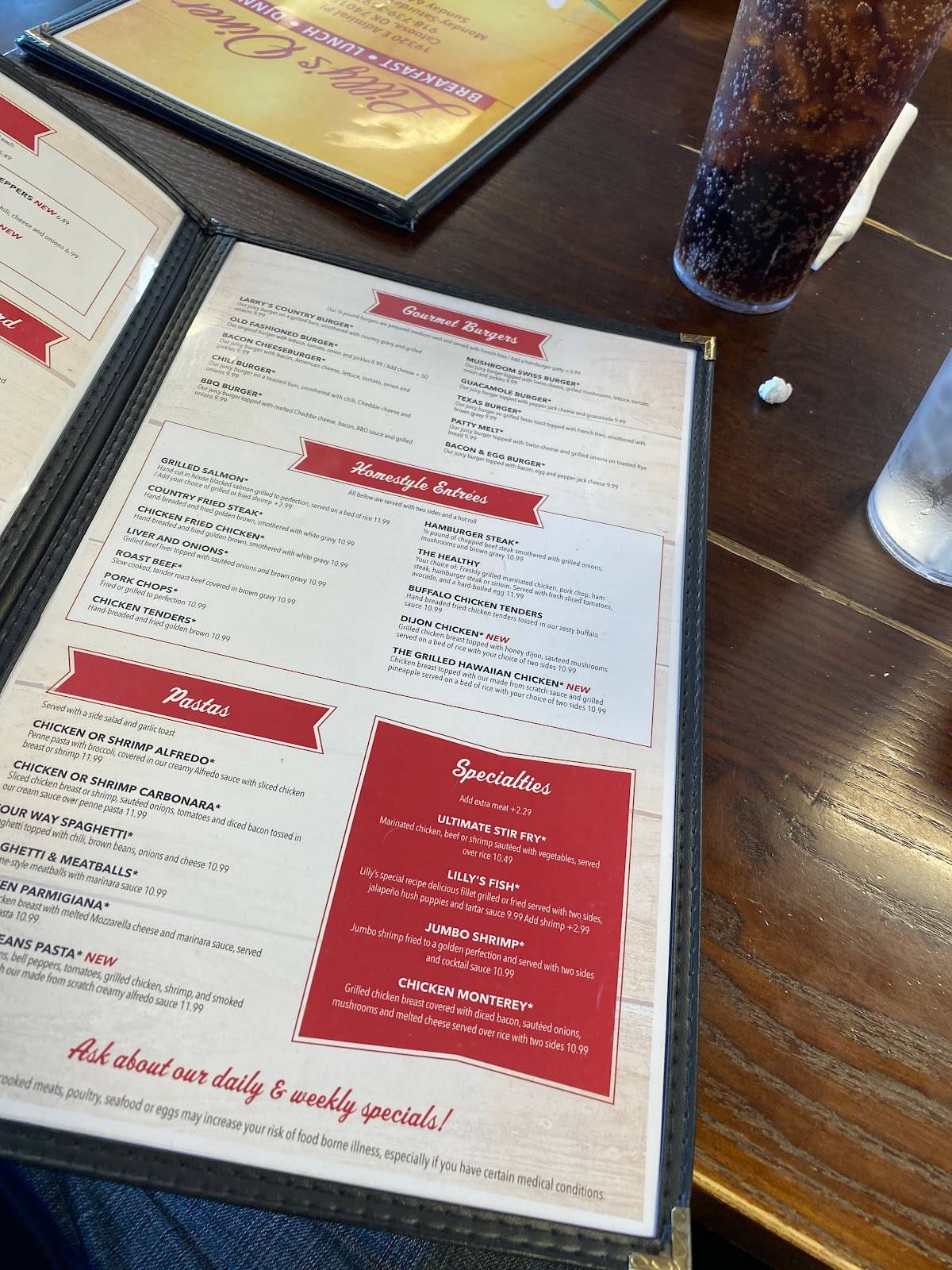 Menu at Lilly's Diner restaurant, Tulsa
