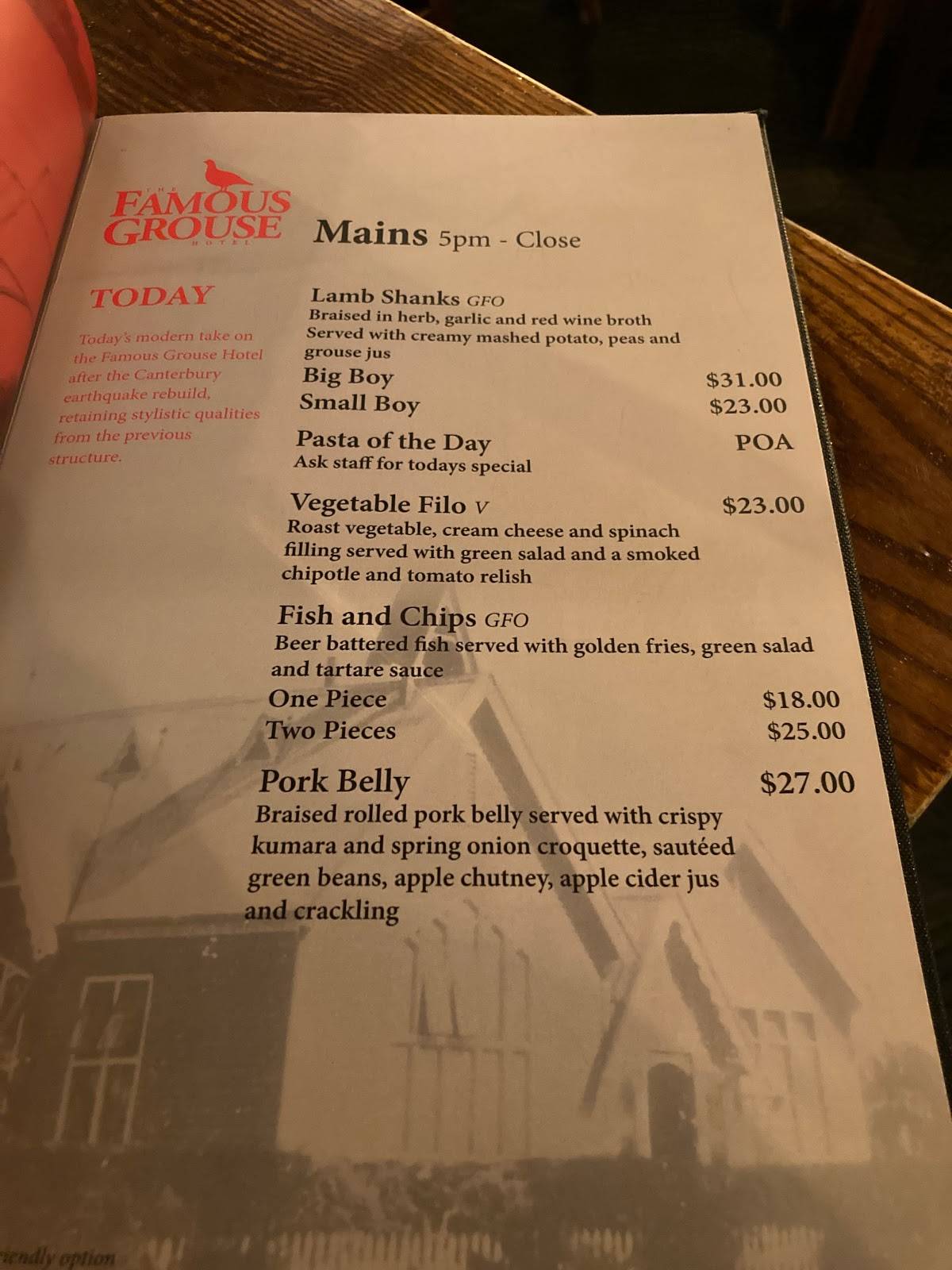 Menu at The Famous Grouse Hotel restaurant, Lincoln
