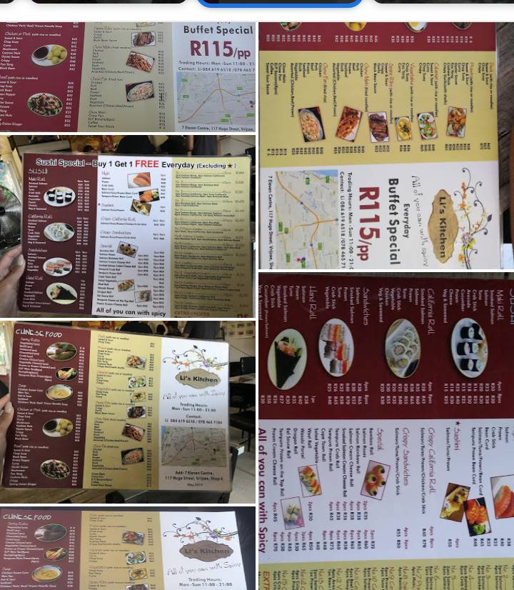 Menu at Li's Kitchen restaurant, Cape Town