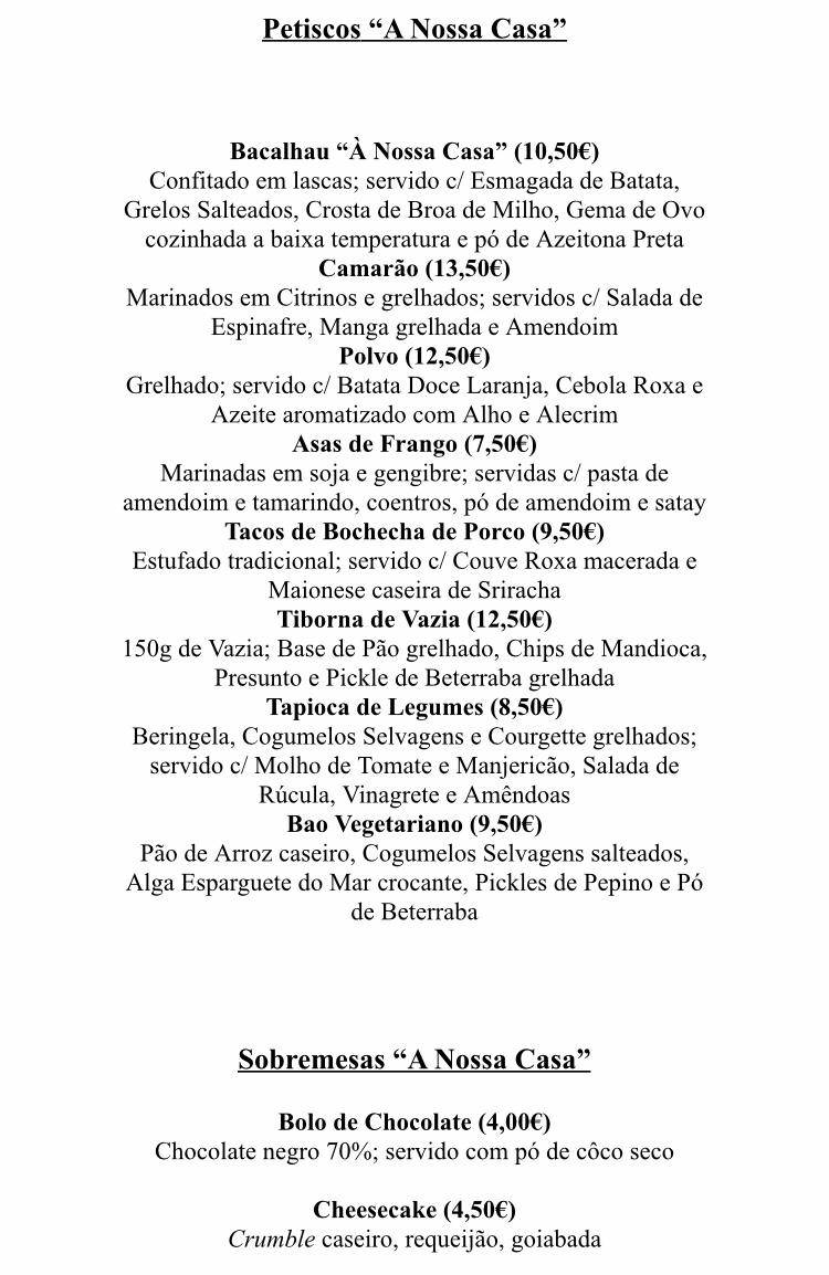 Menu at A Nossa Casa restaurant, Lisbon, R. da Atalaia 31