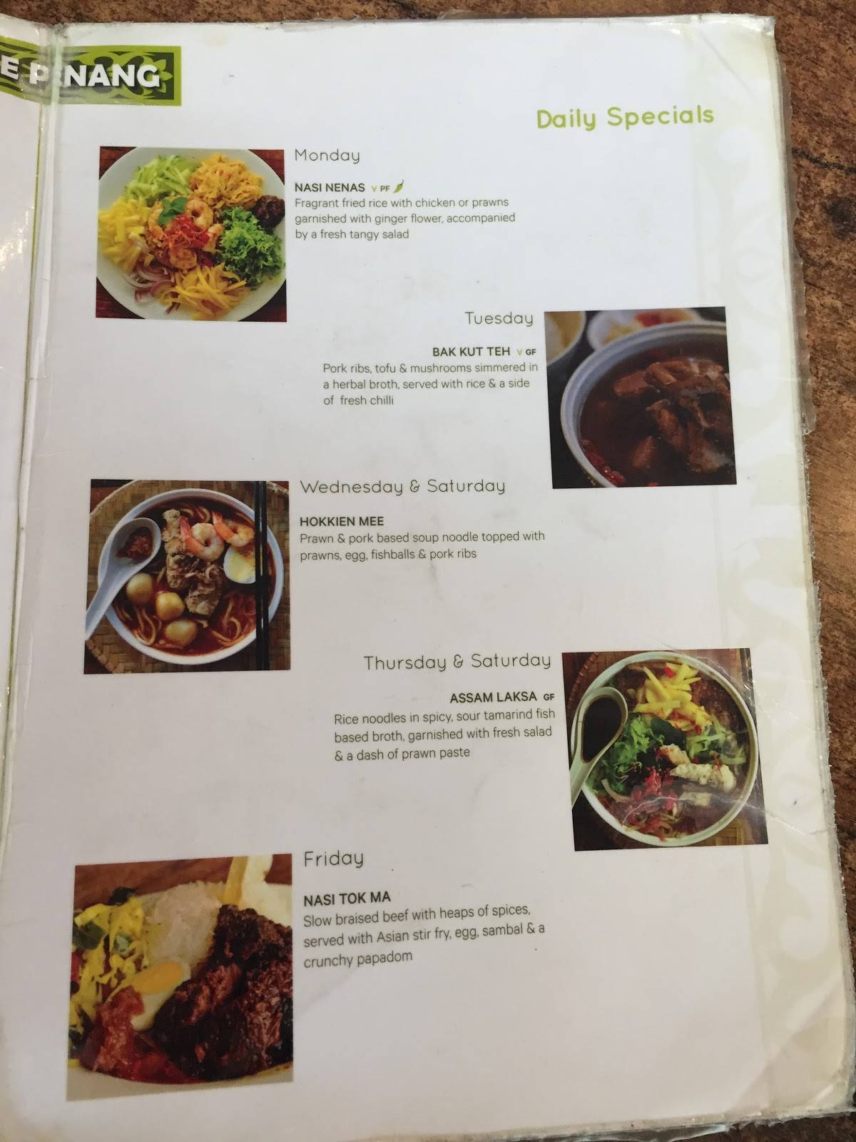Menu at Little Penang restaurant, Wellington, 179 Victoria St